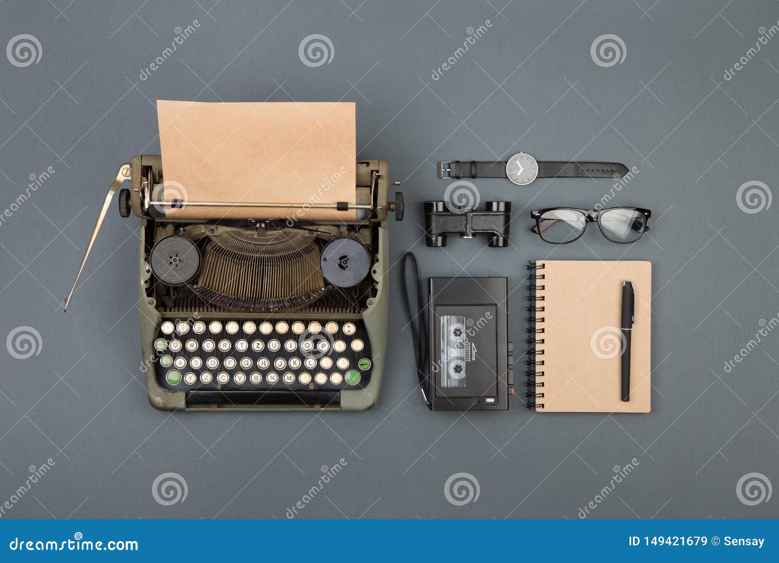 Journalist and Writer Desktop - Typewriter, Tape Recorder and Notepad ...