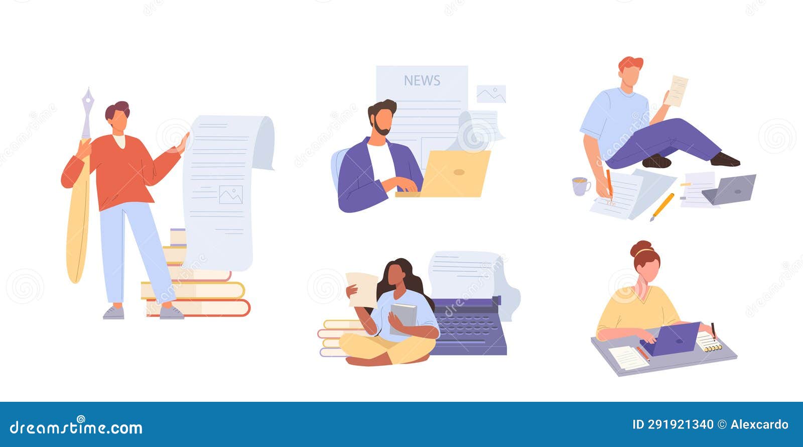 Journalists Copywriting. Cartoon Characters Writing with Laptop Book or ...