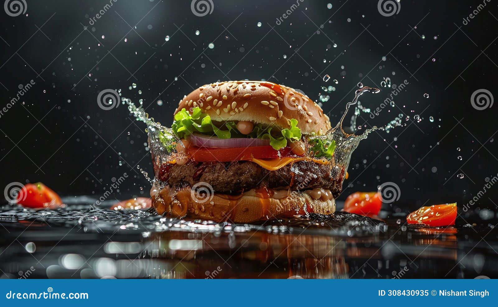 Delicious Burger Splash Captured Against a Dark Backdrop Stock ...