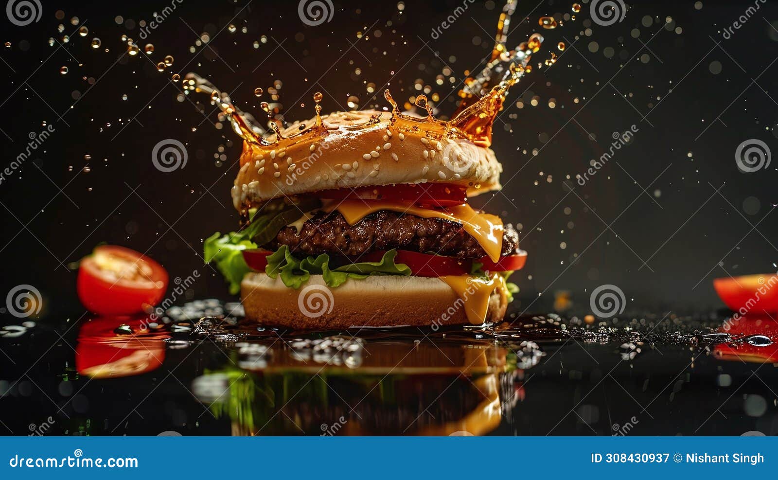 Enticing Image of a Burger Splash Isolated on the Dark Background Stock ...
