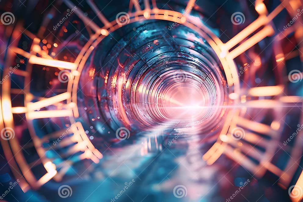 Journey through a Time Tunnel, Exploring a Spiral of Light and Shadow with Glowing Clockwork ...