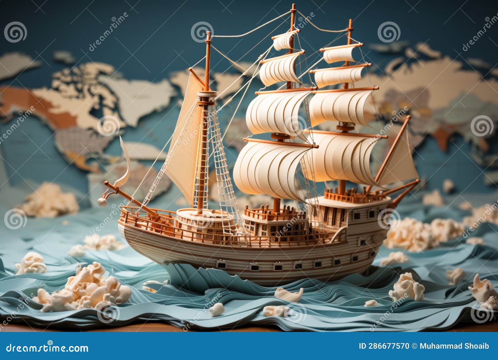 Journeying the World, Boat Sails on Globe Map, Against White Canvas ...