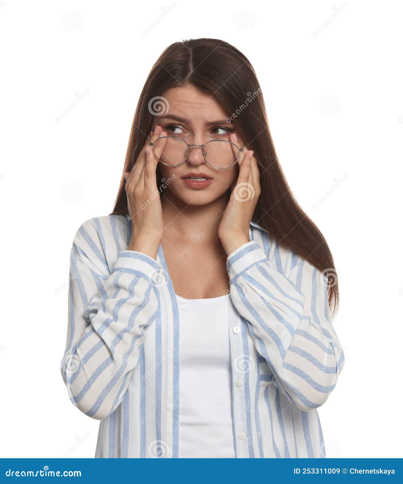 Jovem Que Sofre De Estresse Ocular Em Fundo Branco Imagem de Stock ...