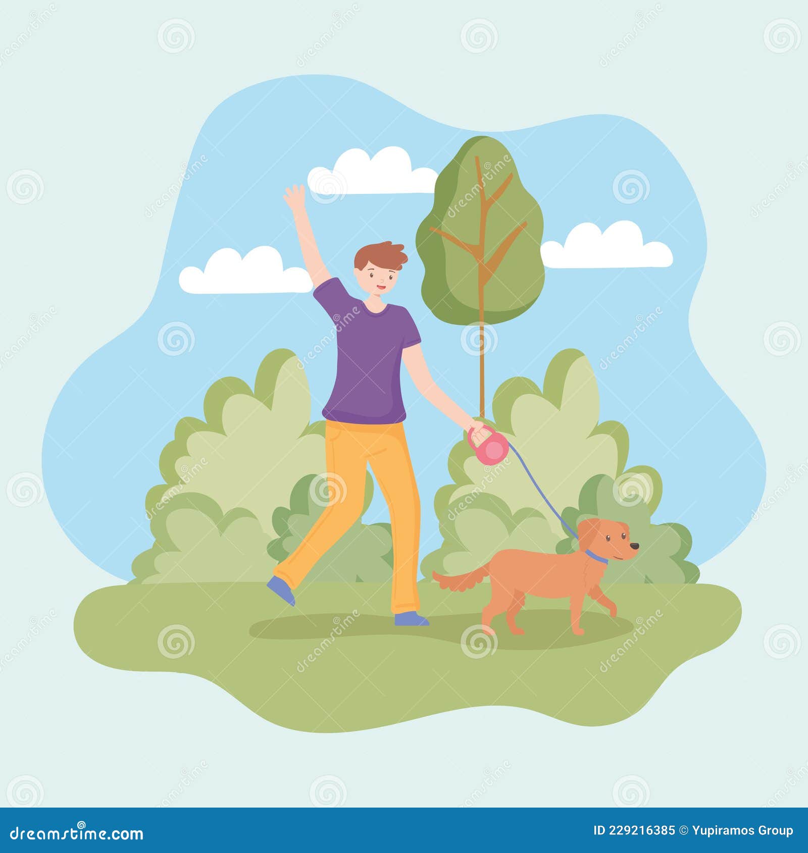 Joven caminando con perro ilustración del vector. Ilustración de canino ...