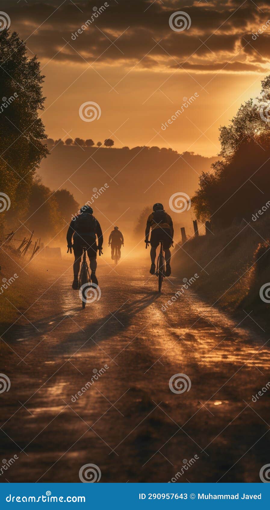 The Joy Of Cycling, Back View Of Cyclists On A Sunset Road Stock ...