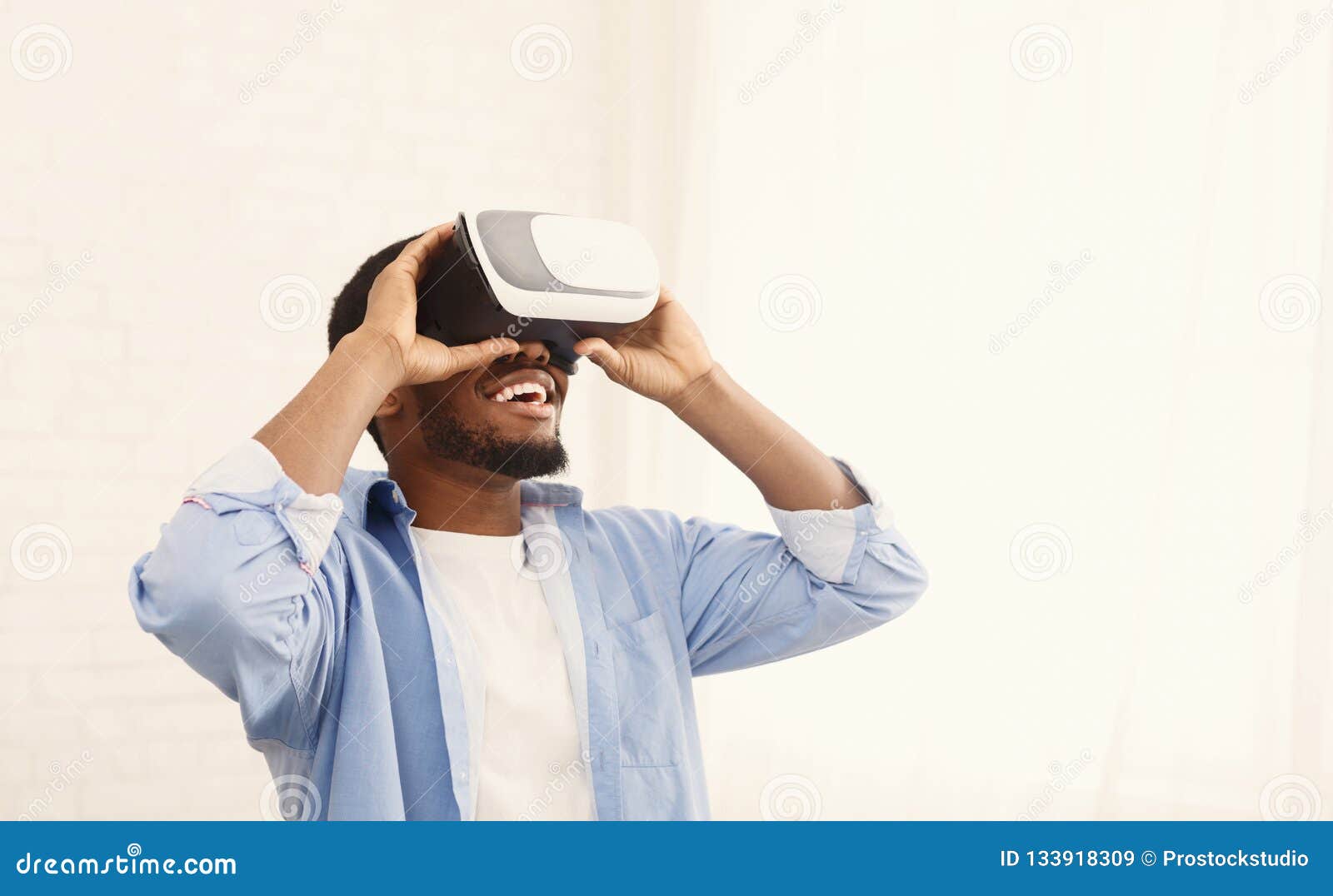 Joyful Black Man Using VR Headset at Home Stock Image - Image of ...