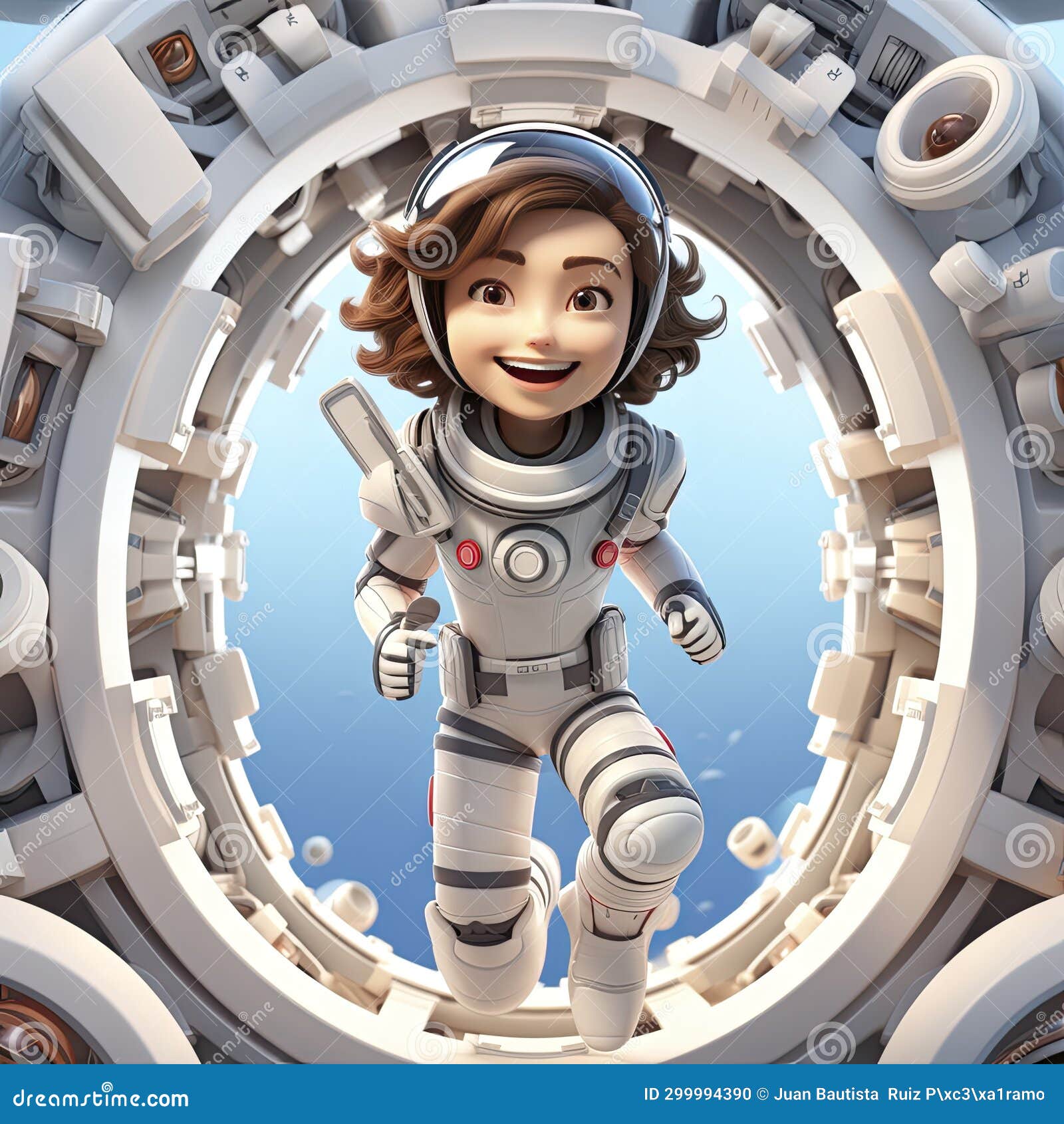 Joyful Animated Young Girl Astronaut Floating in Zero Gravity. Stock ...