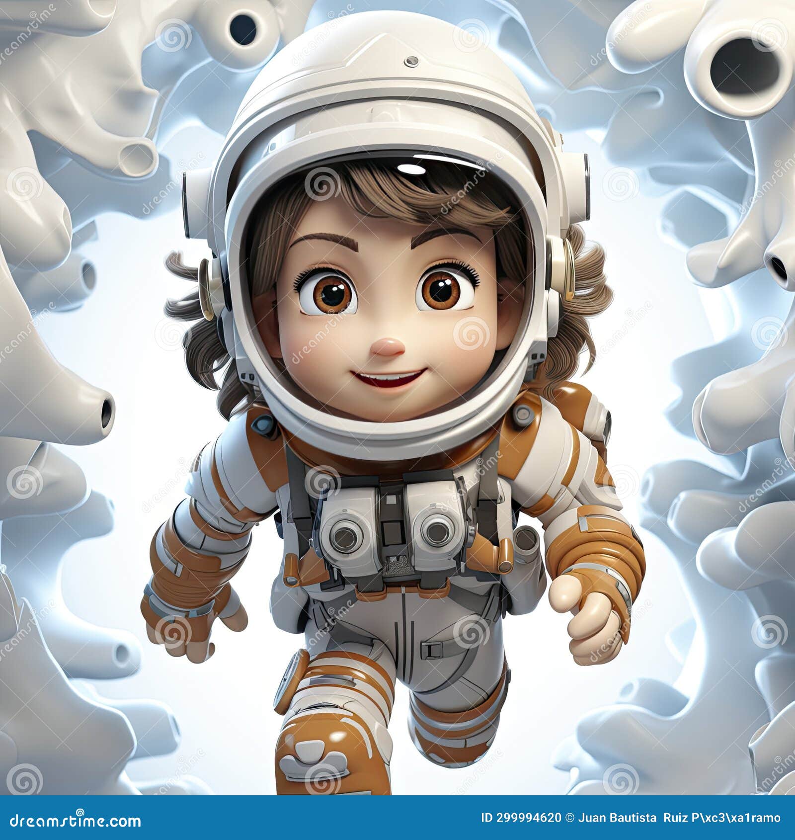 Joyful Animated Young Girl Astronaut Floating in Zero Gravity. Stock ...