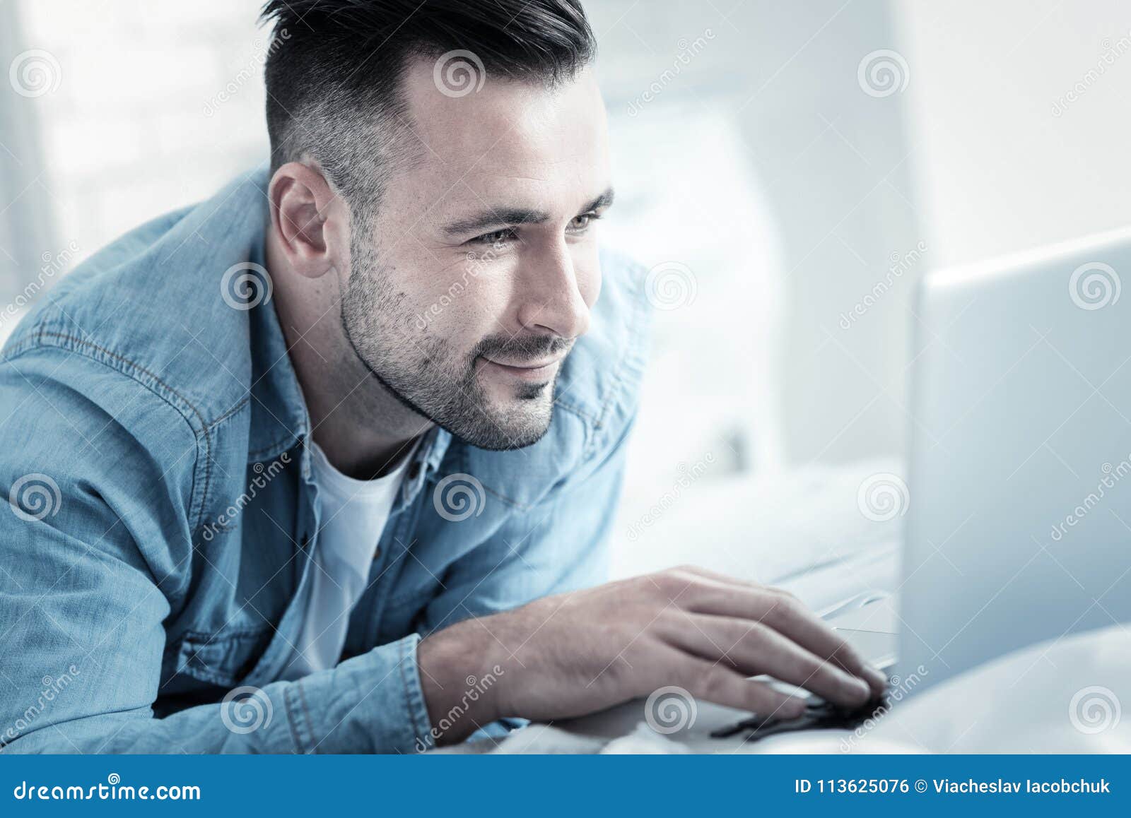 Joyful Bearded Man Pressing the Button Stock Photo - Image of device ...
