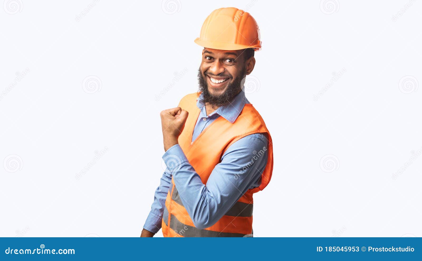 Joyful Black Construction Worker Gesturing Yes on White Background ...