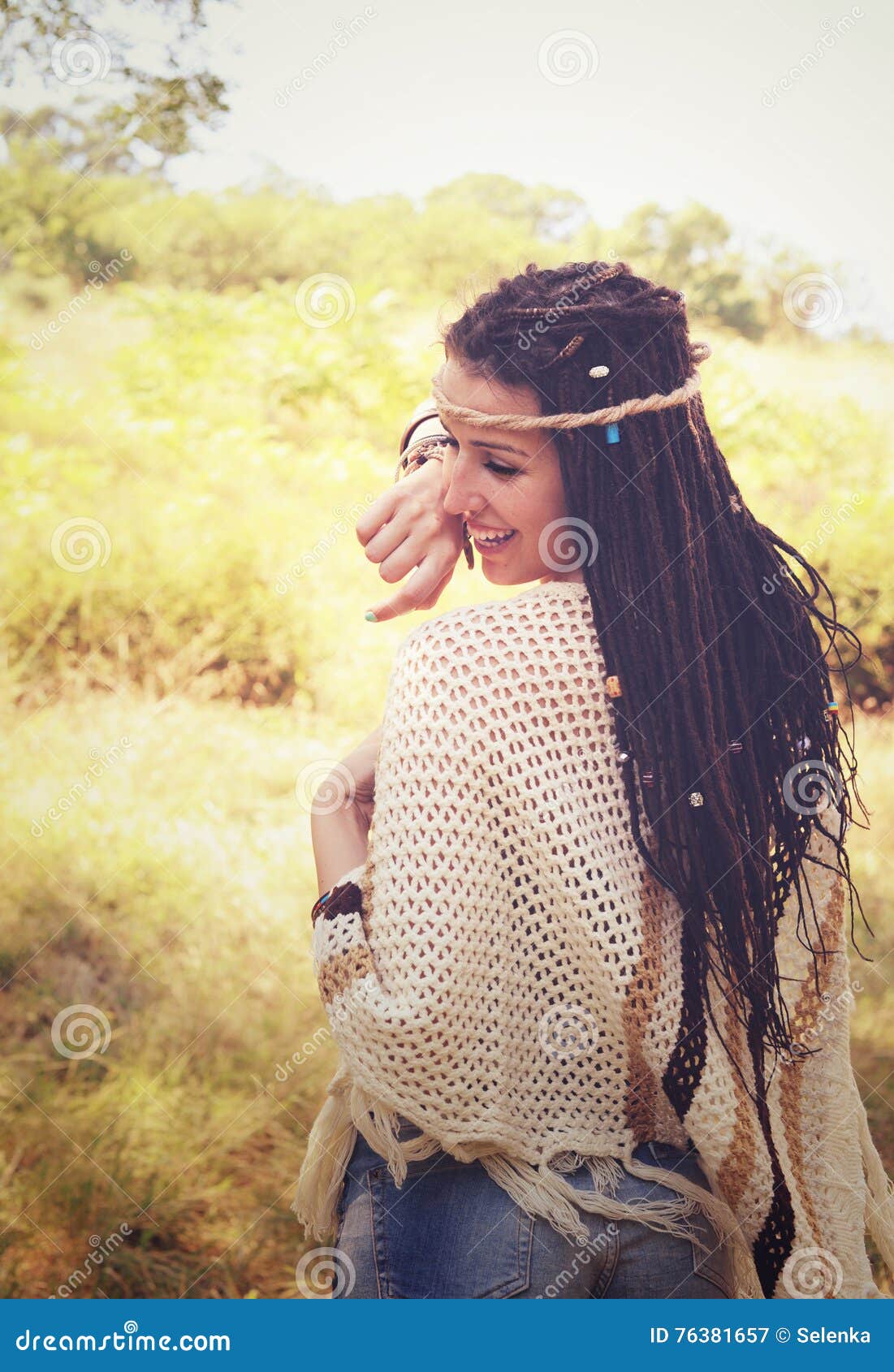 Joyful Boho Style Girl Portrait Dressed In Knitted Poncho And Headband