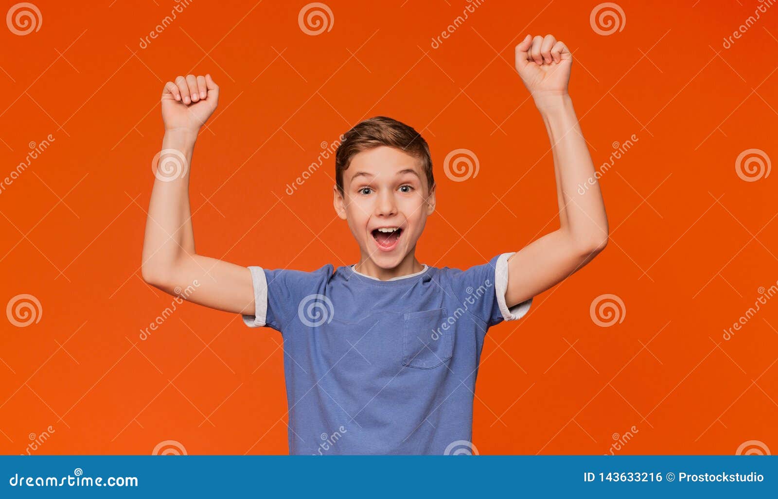 Joyful Boy Cheering, Shouting With Hands Up Stock Photo - Image of ...