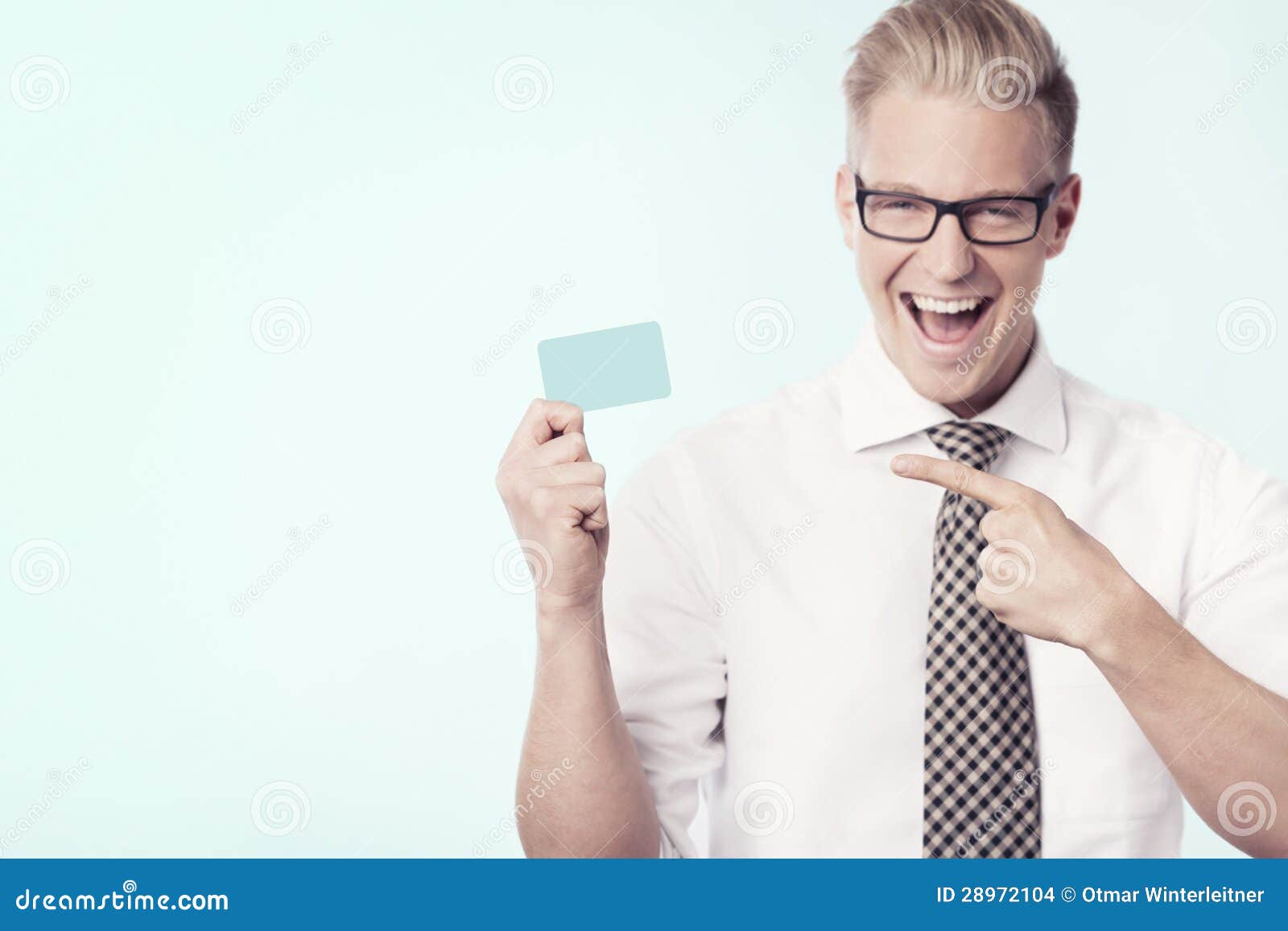 Joyful Businessman Pointing Finger at Empty Card. Stock Photo - Image ...
