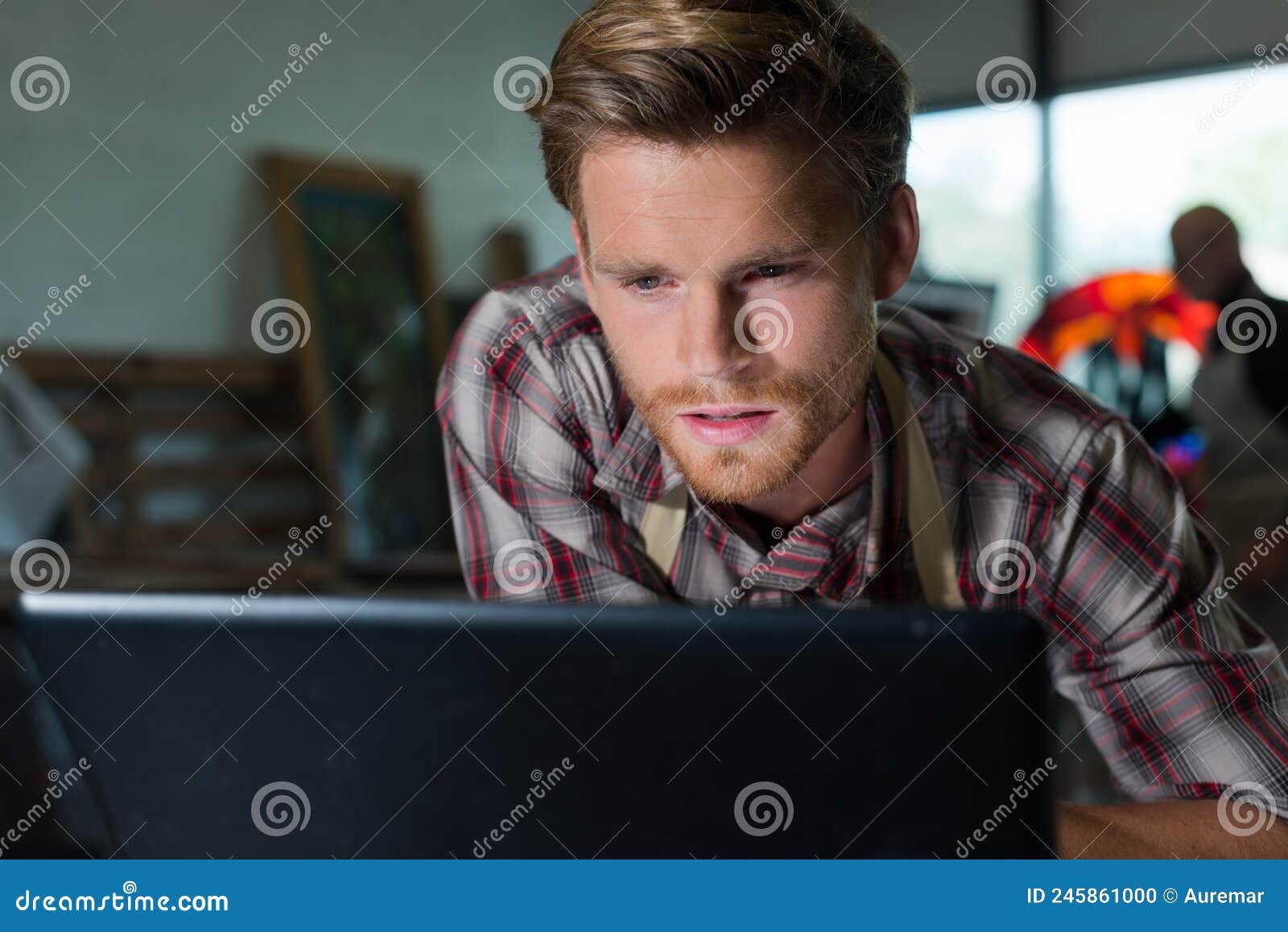 Joyful Cute Guy Laboring with Pleasure Stock Photo - Image of wireless ...