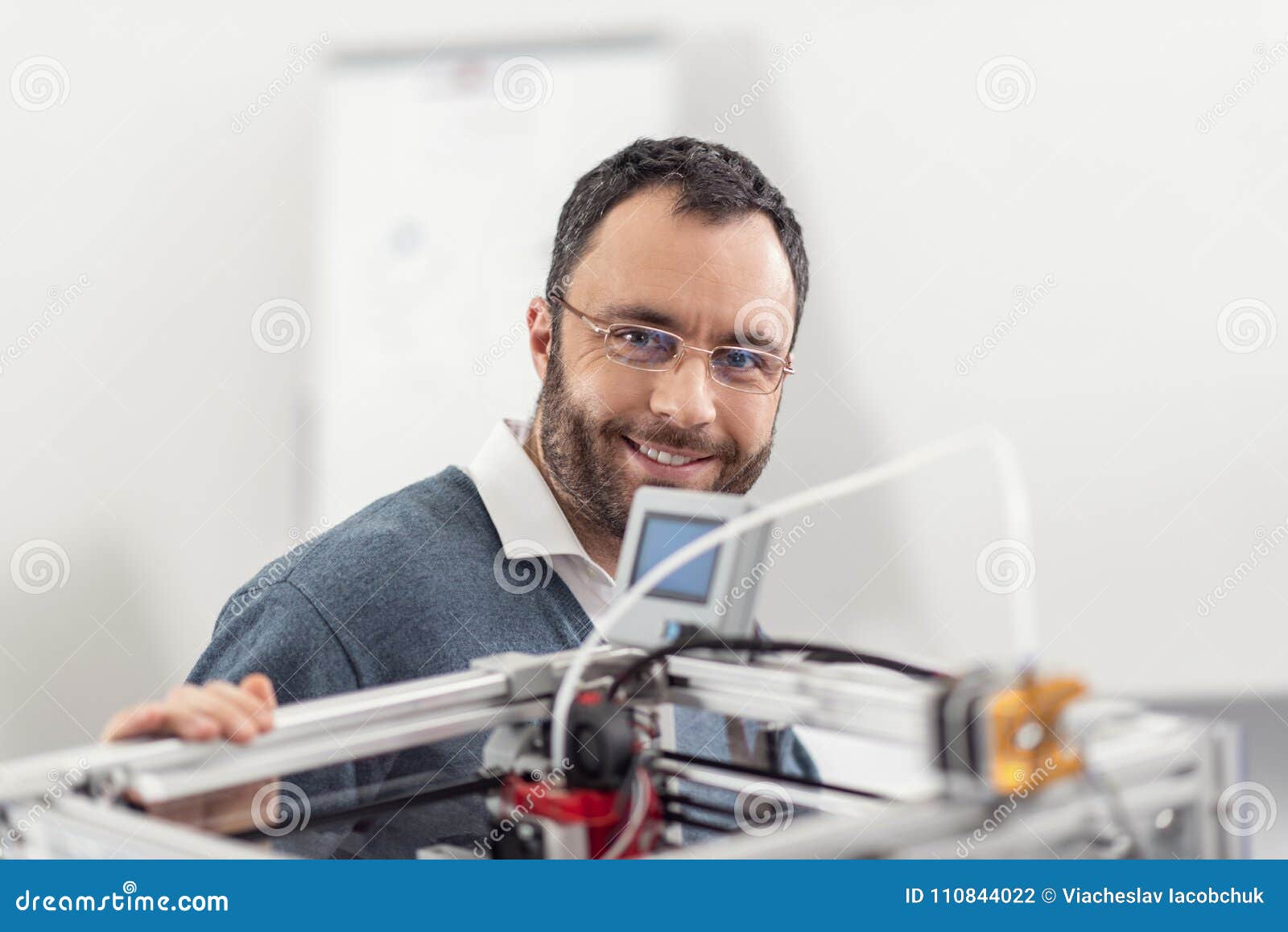 Joyful Engineer in Eyeglasses Posing Near 3D Printer Stock Photo ...