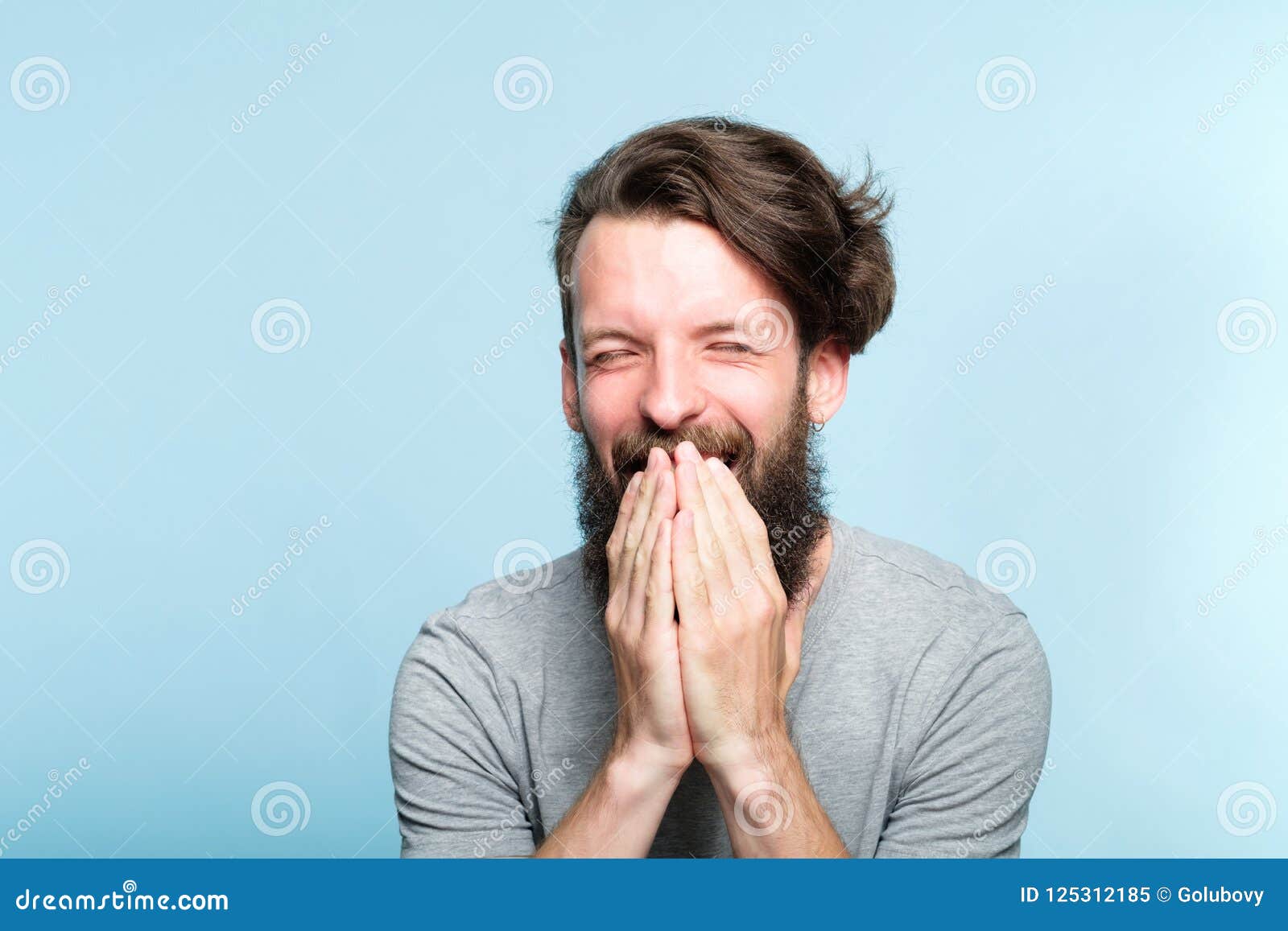 Joyful Excited Happy Man Covering Mouth Emotion Stock Image Image Of