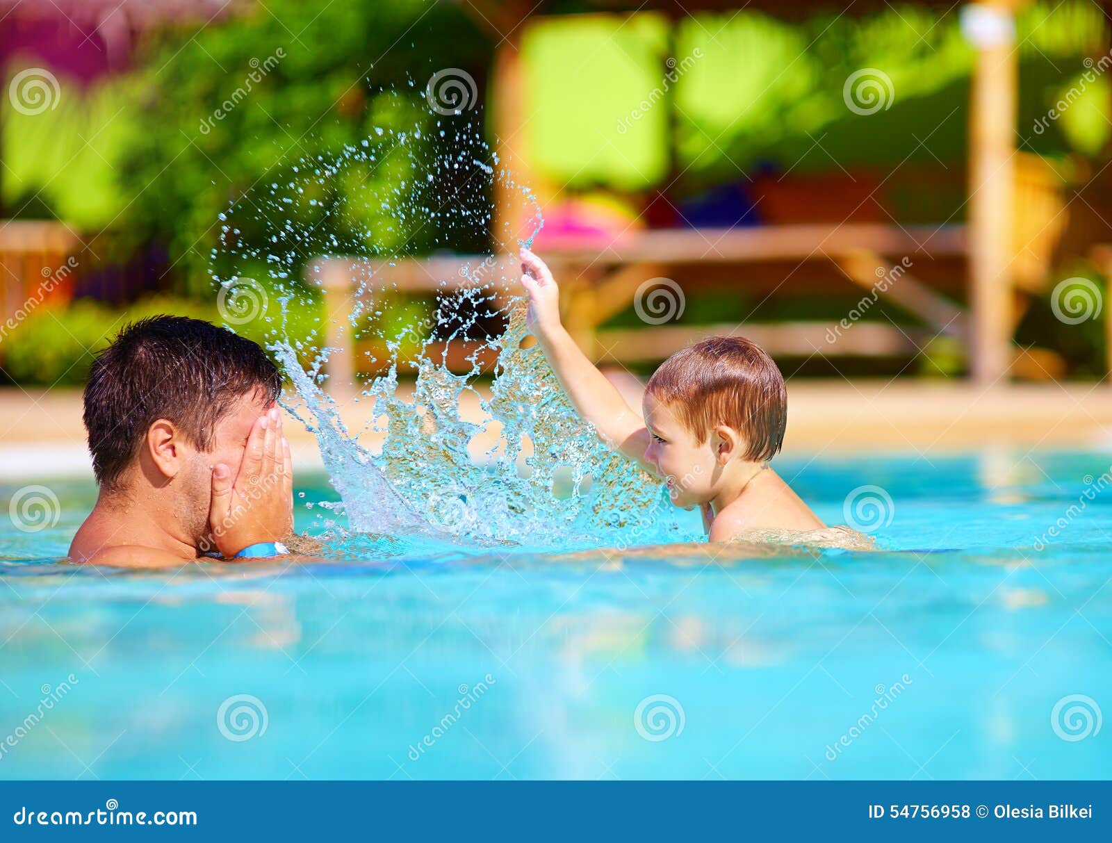 Joyful Father and Son Having Fun in Waterpark Pool, Summer Holidays ...