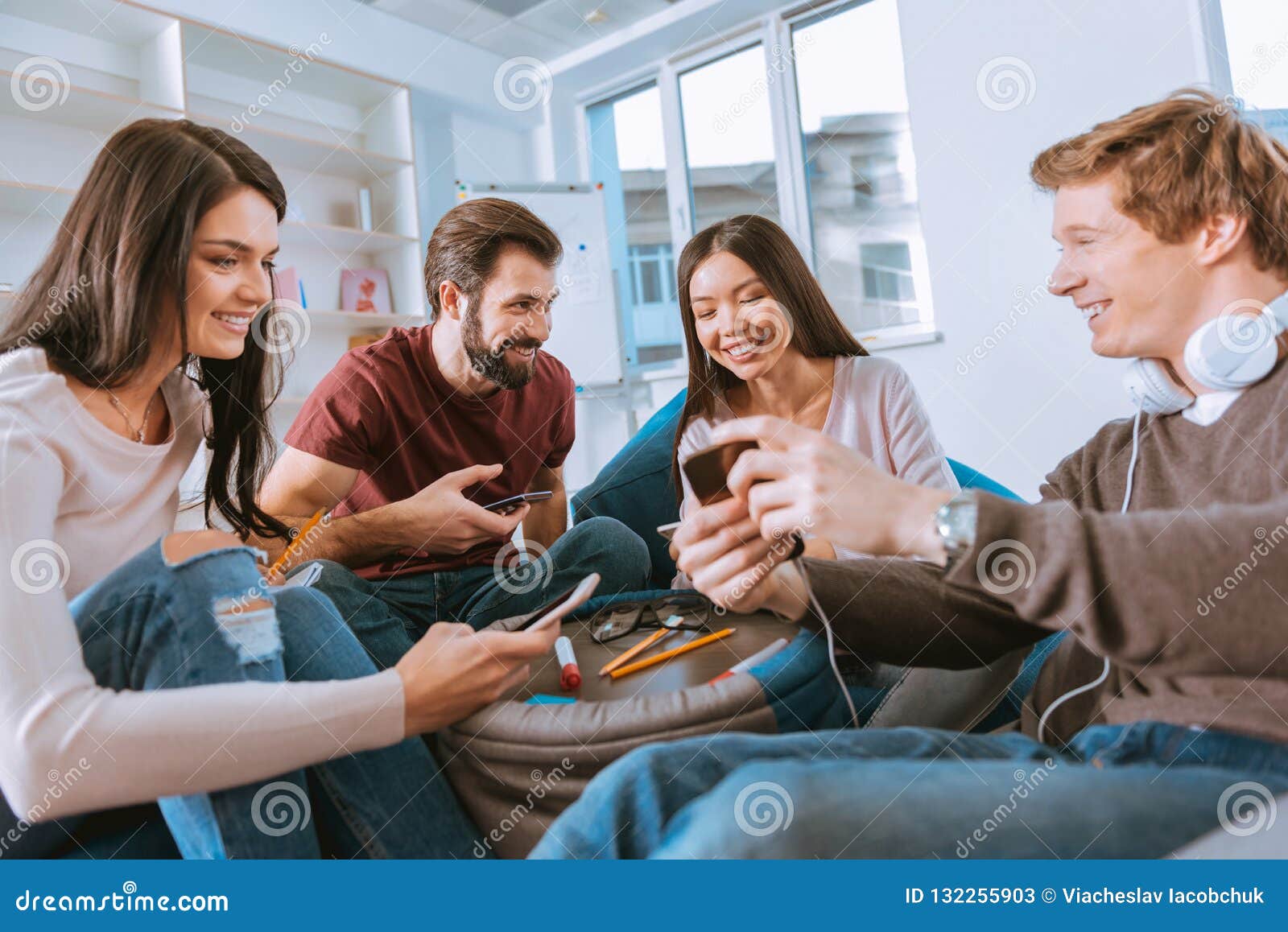 Joyful Four Friends Communicating Stock Image - Image of application ...