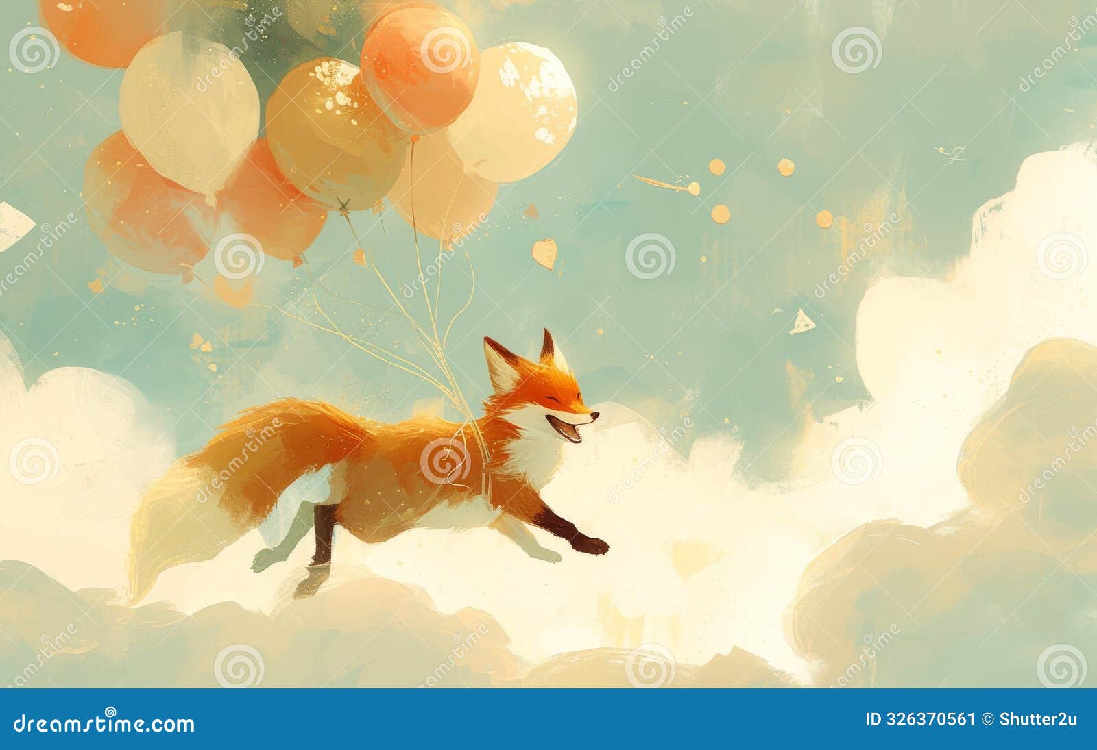 A Joyful Fox Prancing with a Cluster of Balloons in Tow Stock ...