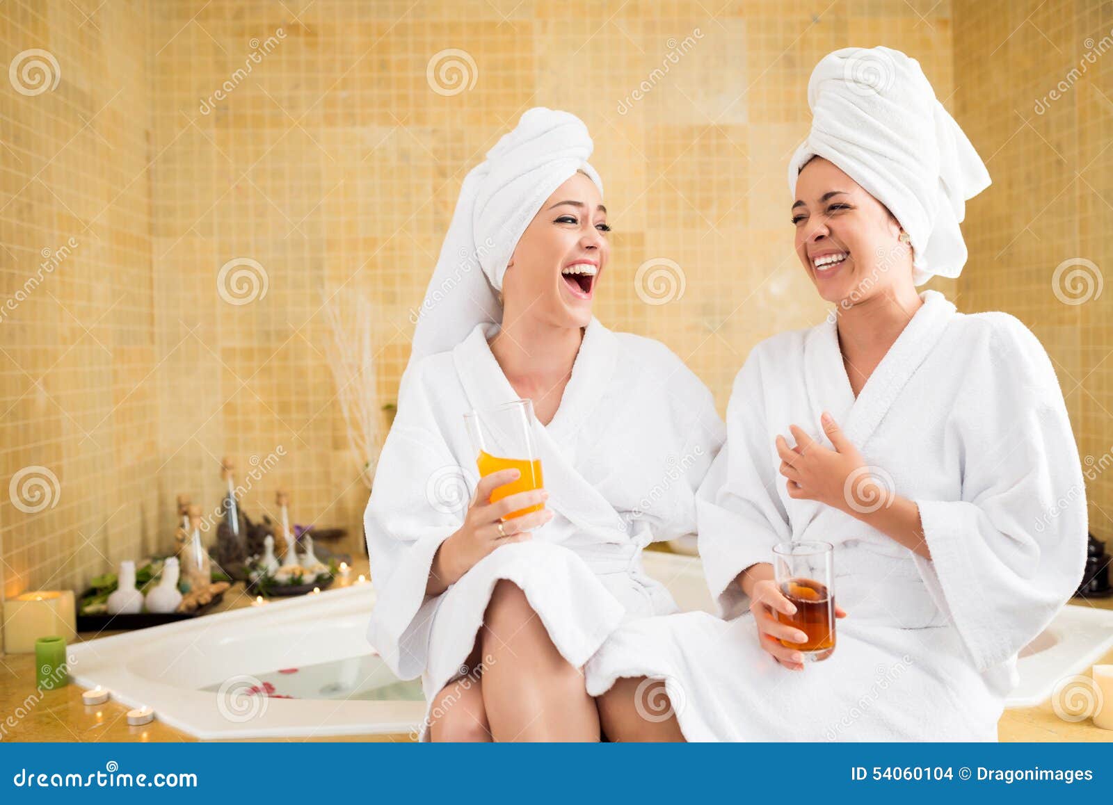 Joyful friends in spa stock photo. Image of bathrobe - 54060104