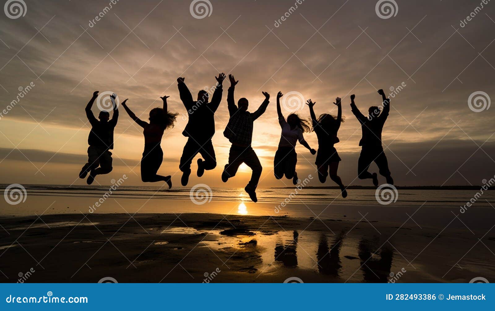 A Joyful Group of People Jumping in the Back Lit Sunset Generated by AI ...