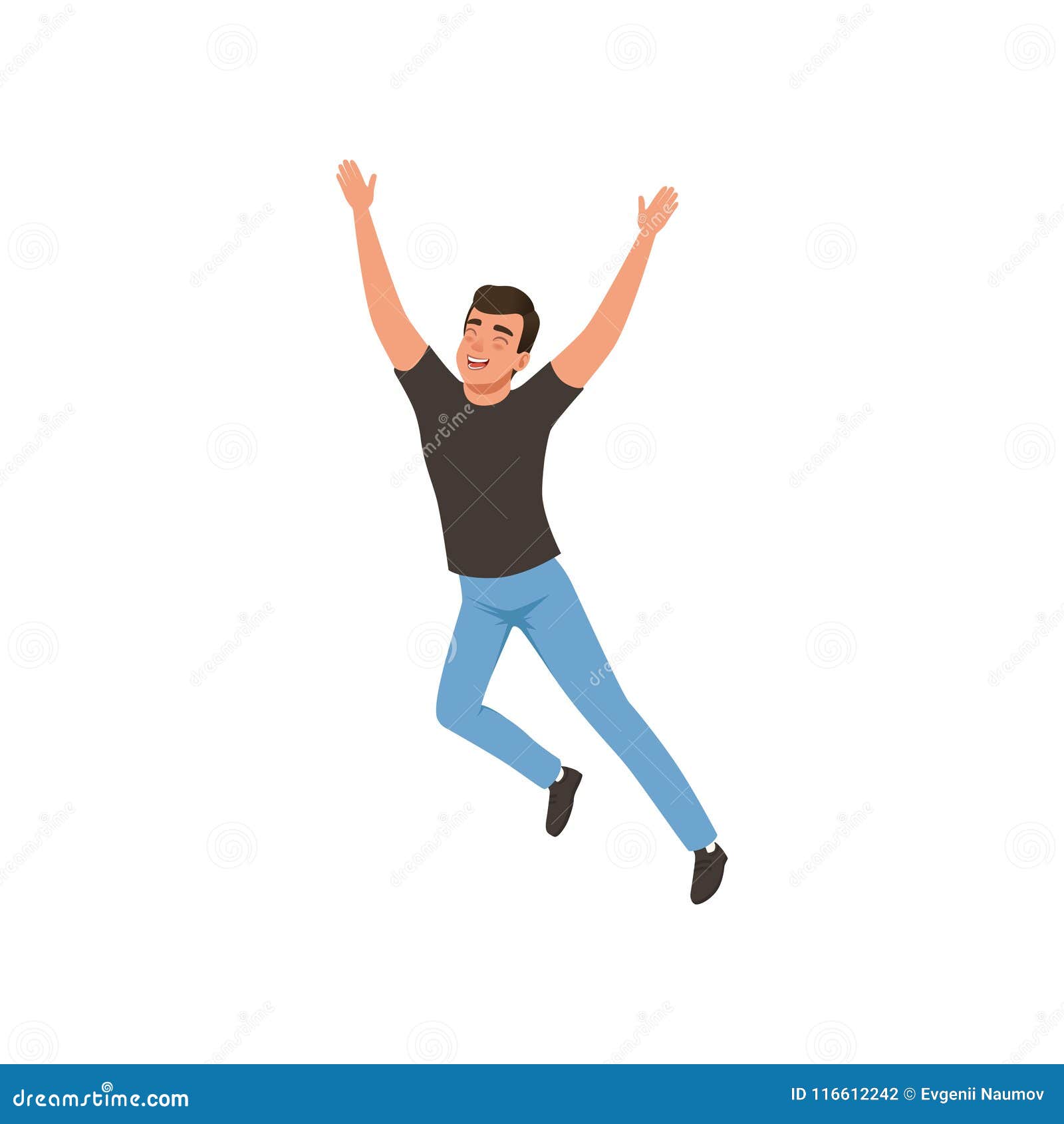 Joyful Guy in Jumping Action with Hands Up. Young Man with Happy Face ...