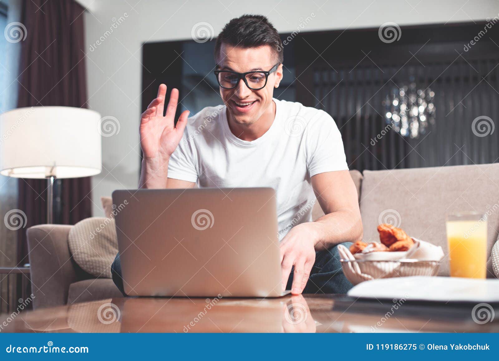 Joyful Guy Using Computer for Online Communication Stock Image - Image ...