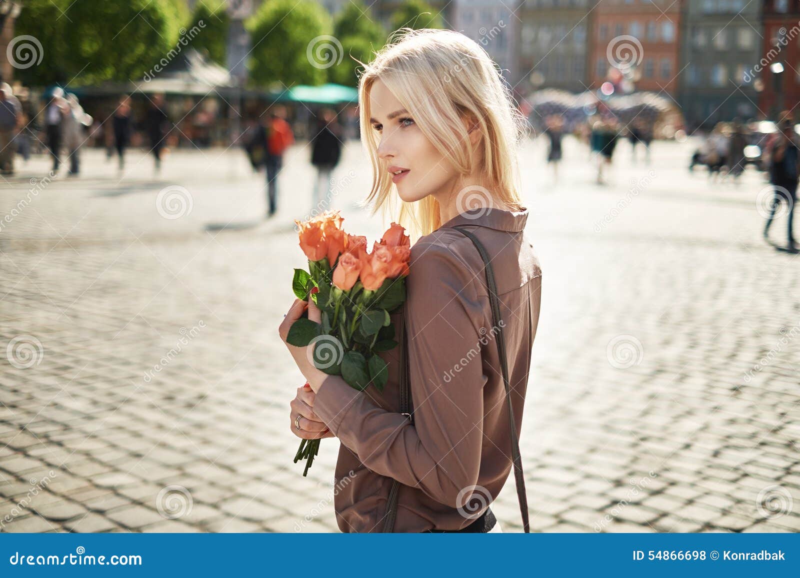 Joyful Lady Holding a Bouquet of Fresh Roses Stock Photo - Image of ...