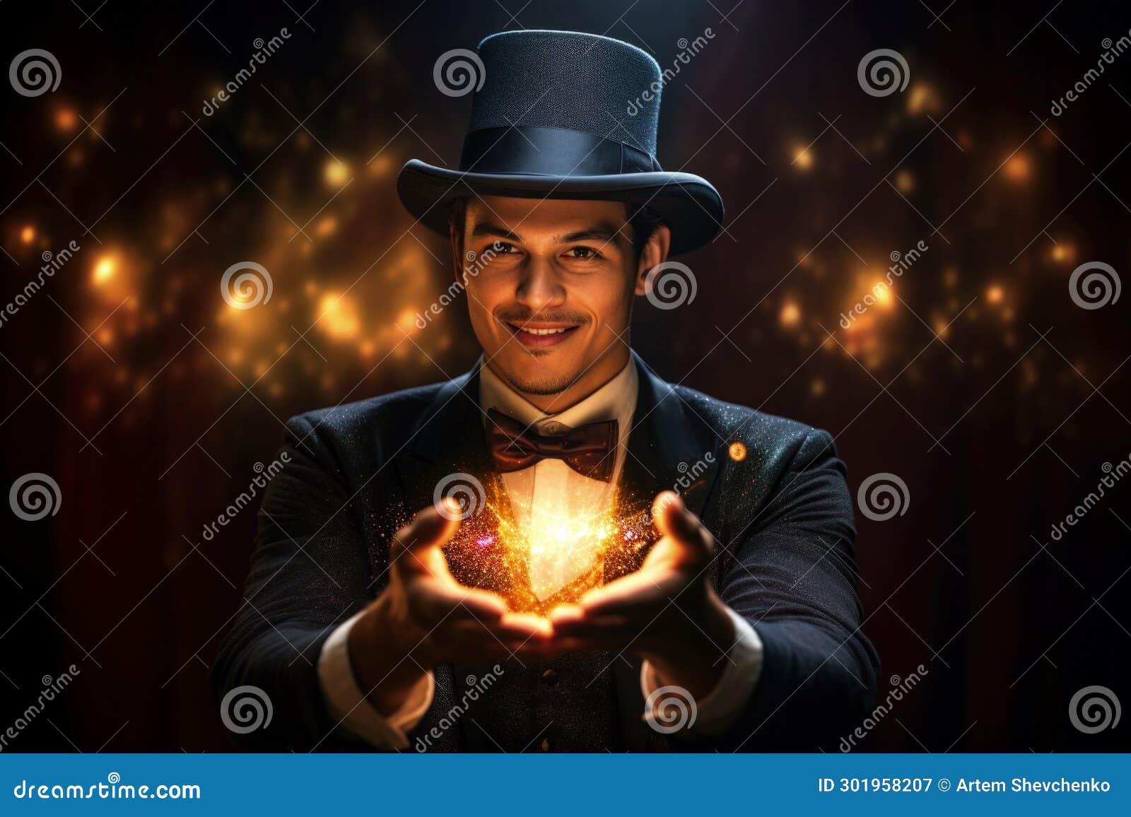 Joyful Magician Presenting a Burst of Sparkles in a Magical Performance ...