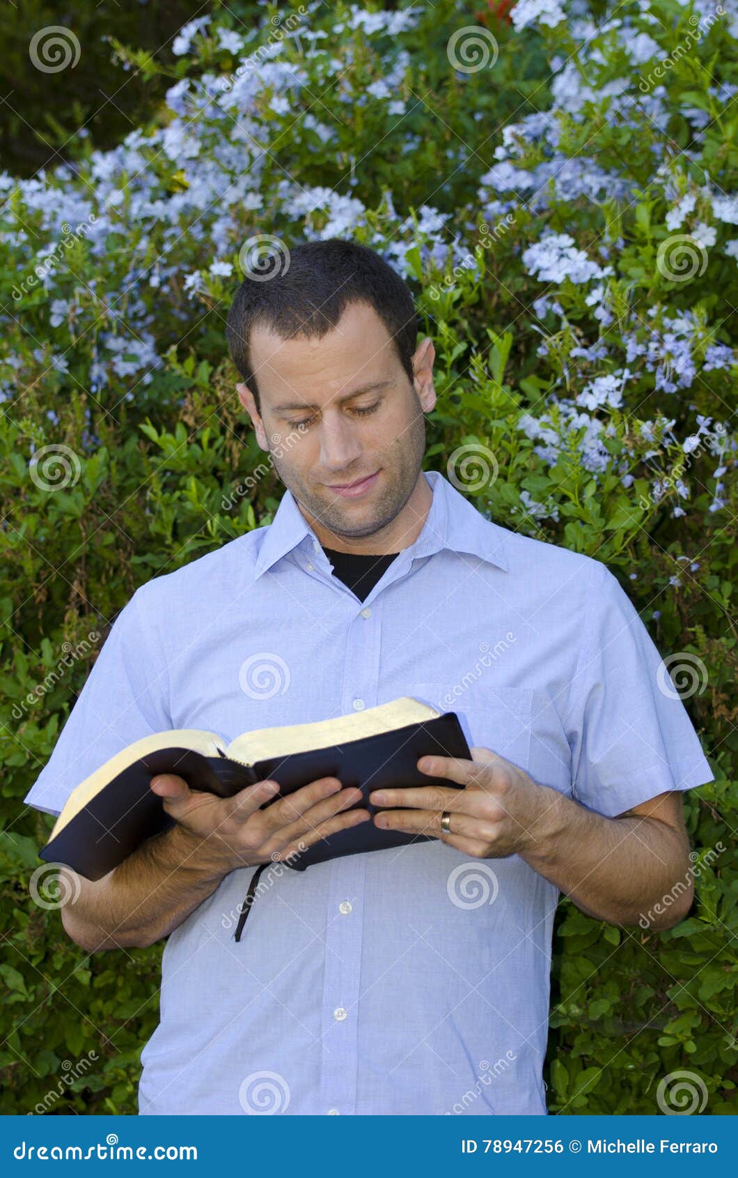 Joyful Man Reading the Bible Outside. Stock Photo - Image of shirt ...