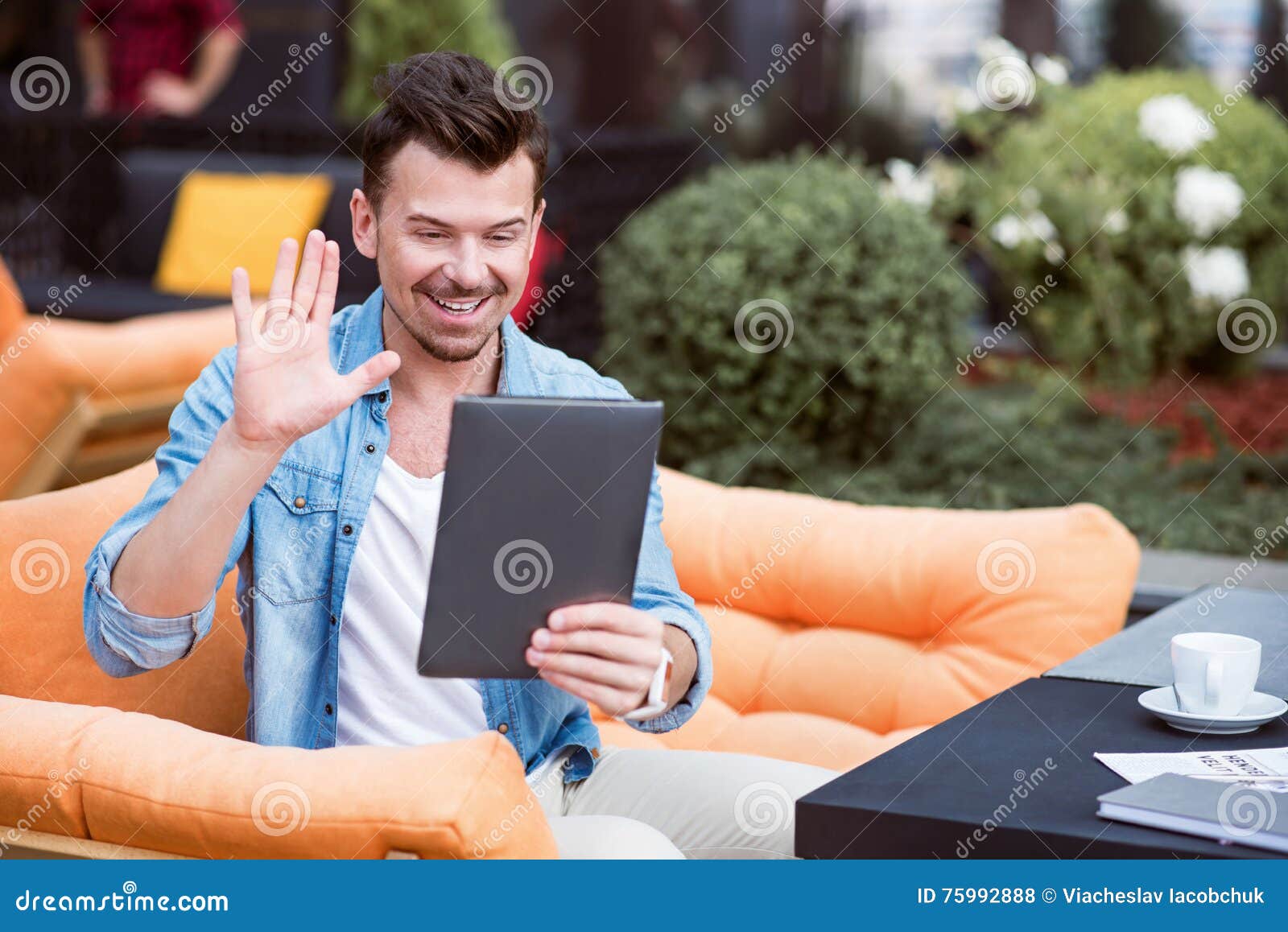 Joyful Man Talking through the Internet Stock Photo - Image of ...