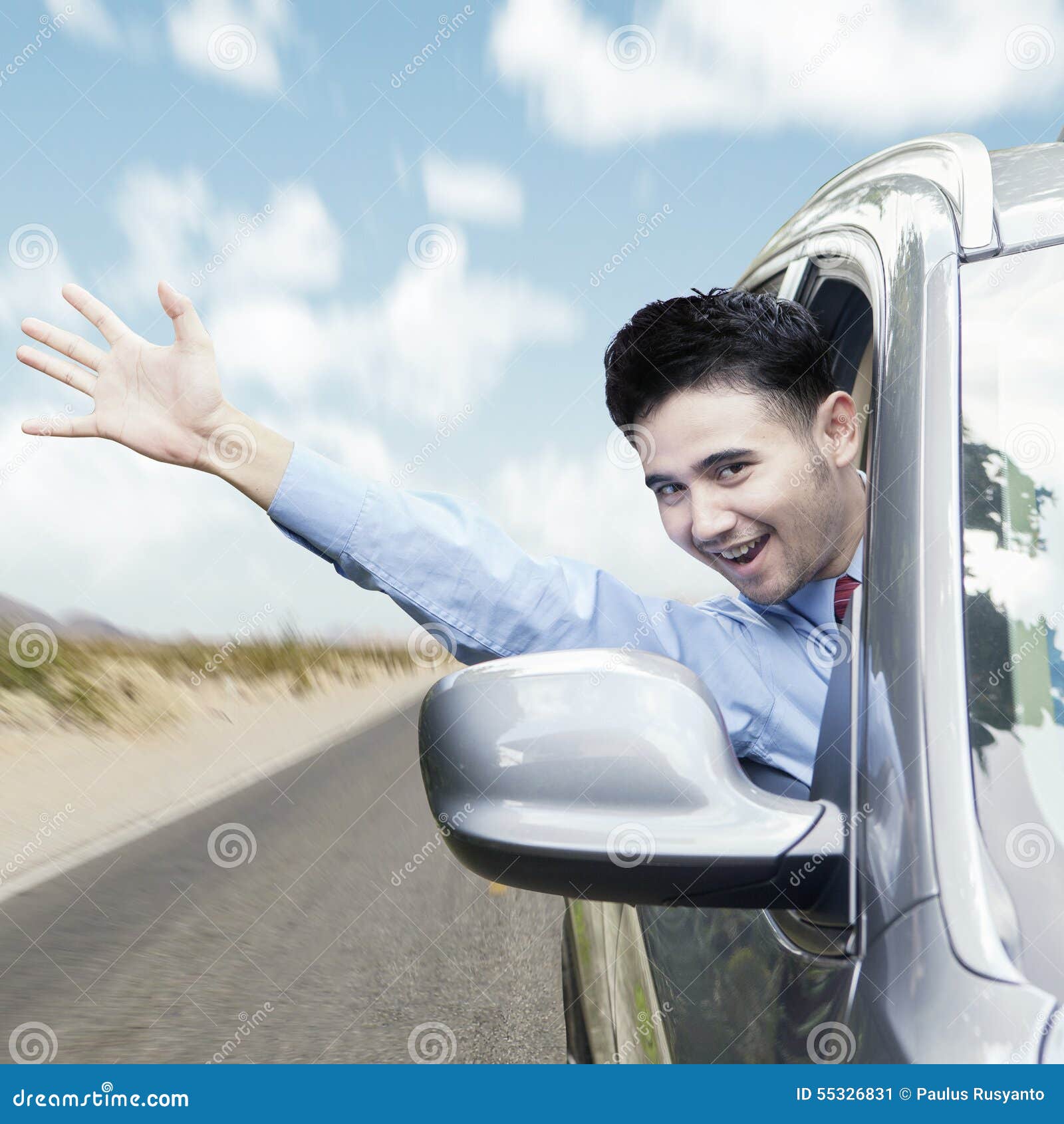 Joyful Man Waving Hand In The Car Stock Image Image Of Portrait