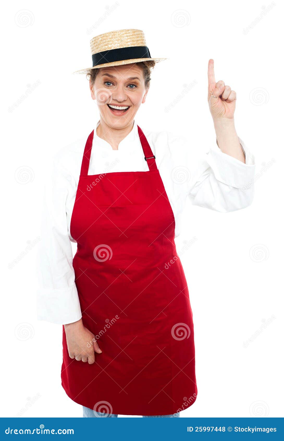 Joyful Middle Aged Cook Pointing Upwards Stock Photo - Image of ...