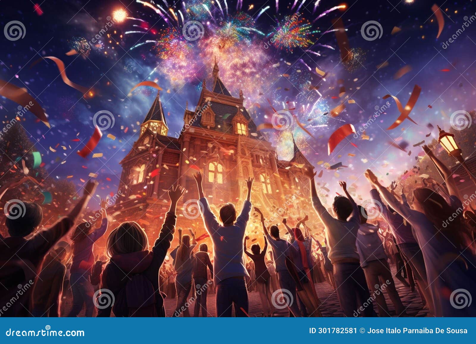 Joyful New Years Celebration Scene with People Stock Illustration ...
