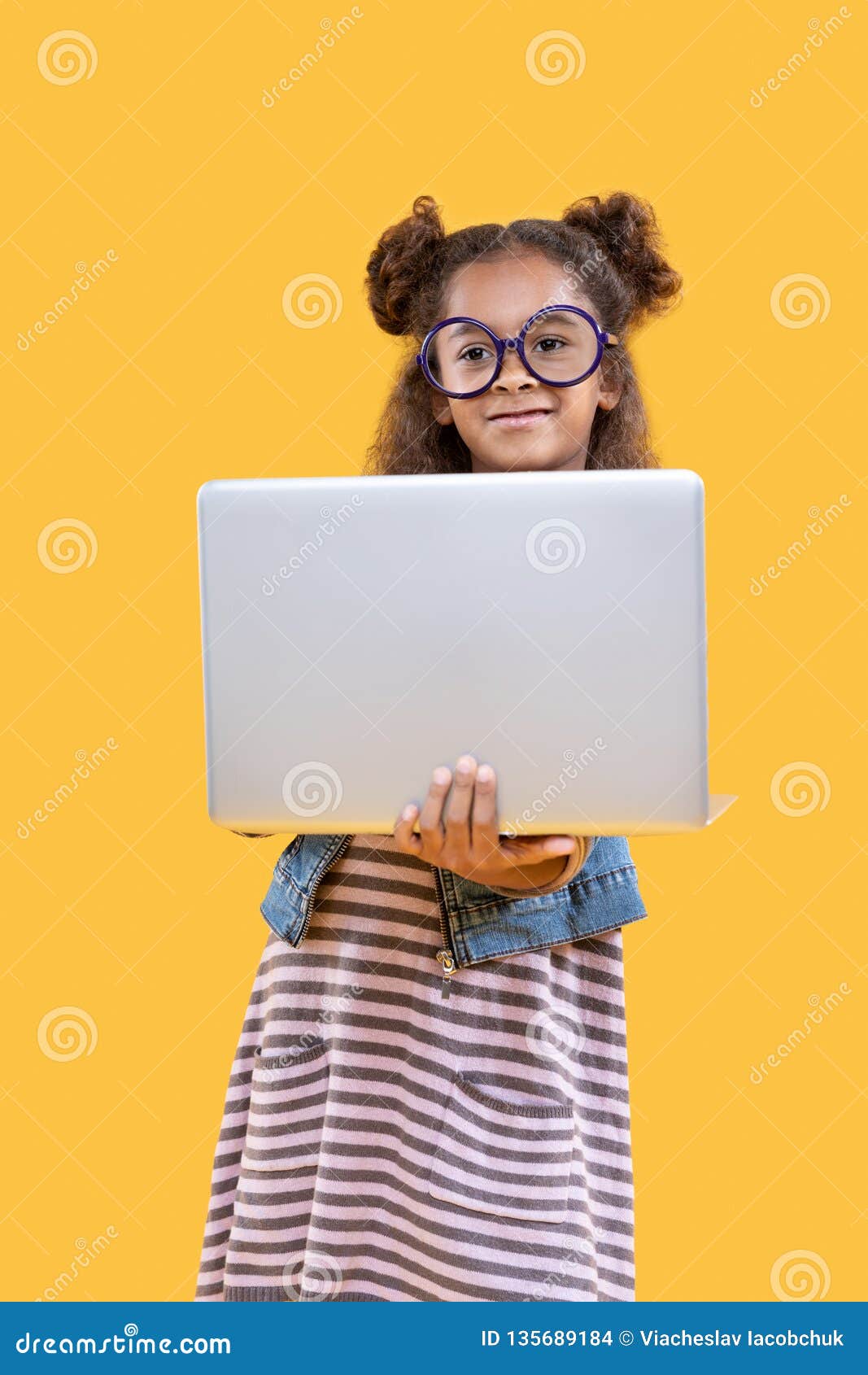Joyful Nice Girl Standing with Her Laptop Stock Photo - Image of ...