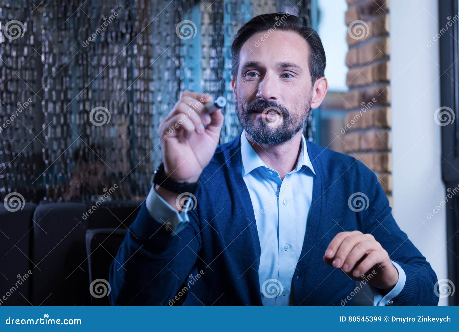 Joyful Optimistic Man Using a Highlighter in the Virtual Reality Stock ...