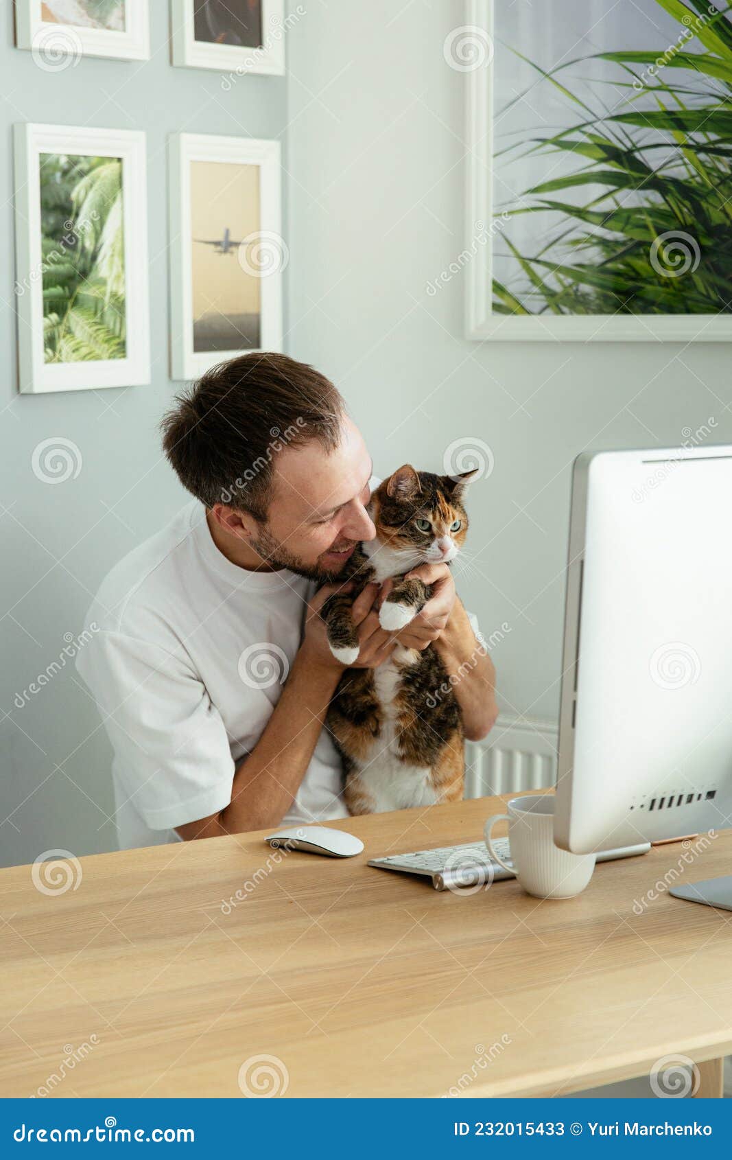 Happy Pet Owner Freelancer Man Playing with Cat at Workplace As Stress ...