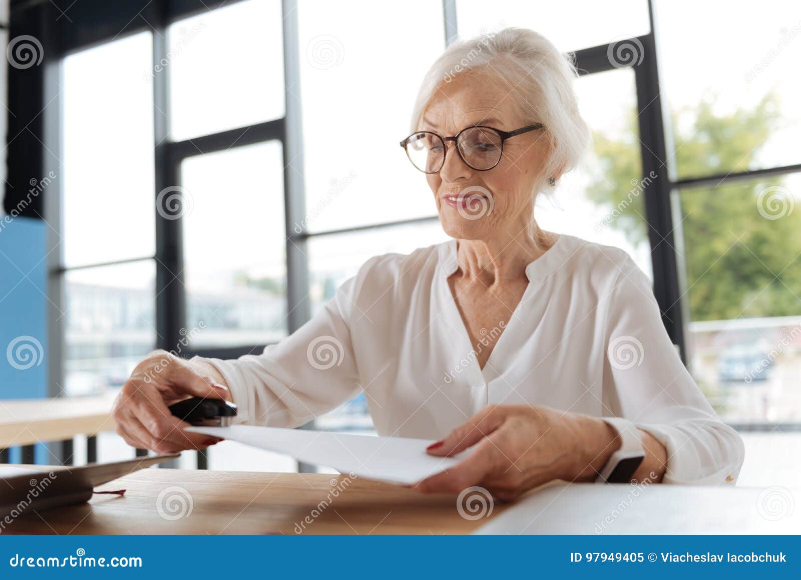 Joyful Positive Woman Joining Pages of Documents Stock Image - Image of ...