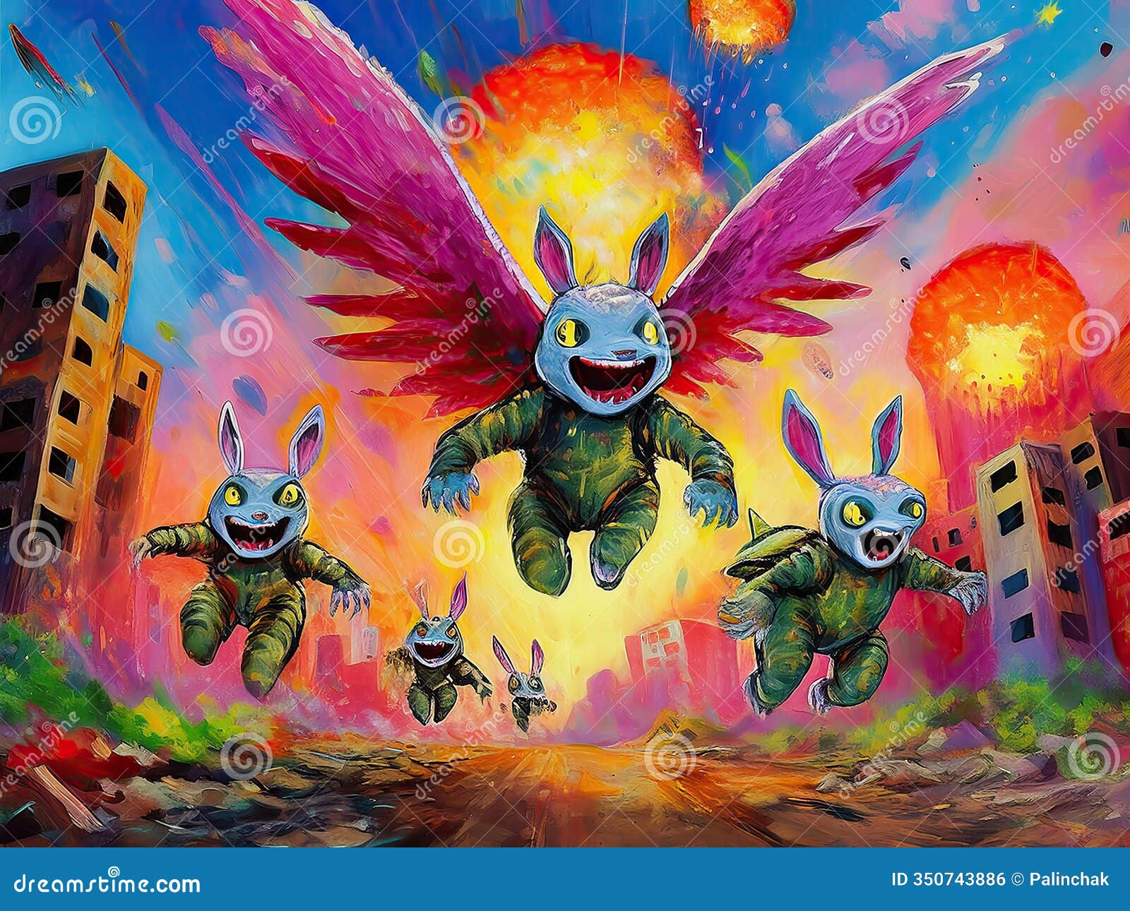Winged Rabbits Over Exploding City Stock Illustration - Illustration of ...