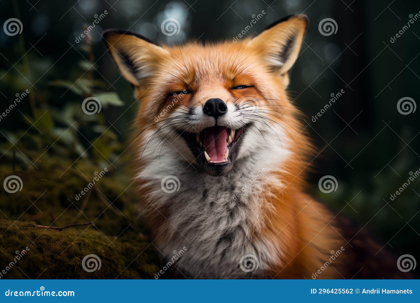 Joyful Red Fox Laughing in a Lush Forest Setting Stock Illustration ...