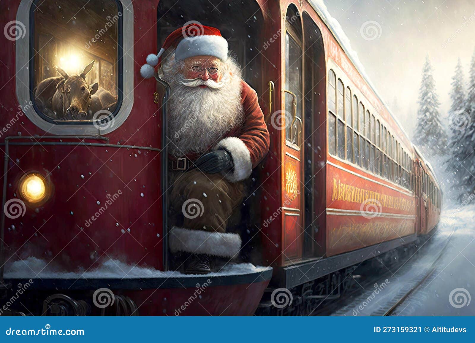 Joyful Santa Claus Rides in Polar Express Train Stock Illustration ...