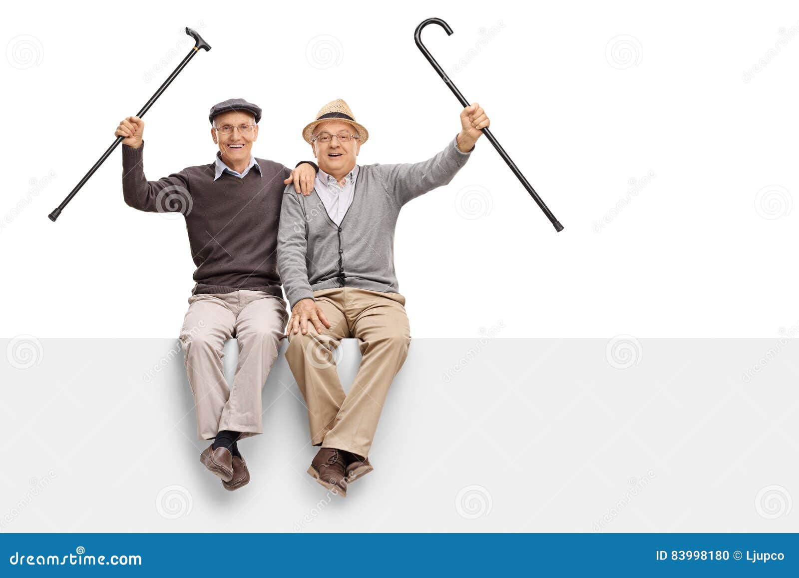 Joyful Seniors with Walking Canes Sitting on a Panel Stock Photo ...