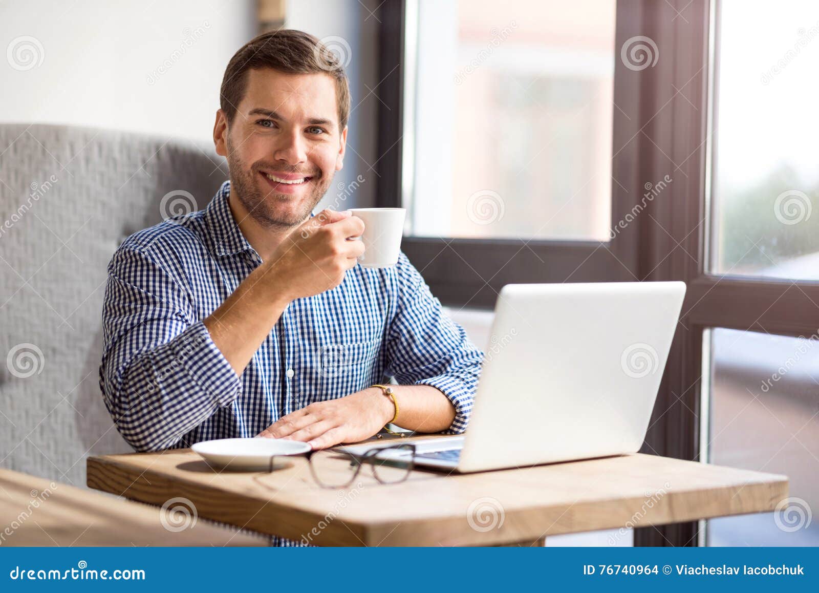 Joyful Smiling Man Drinking Coffee Stock Photo - Image of daytime ...