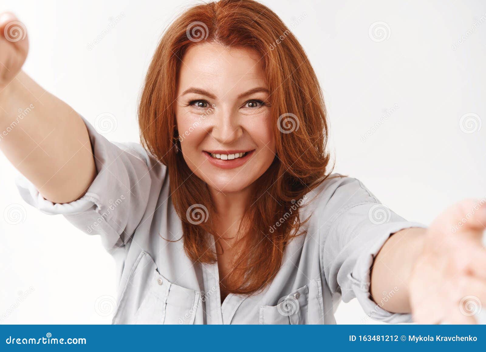 Joyful Successful Stylish Redhead Middle Aged Beautiful Woman Taking