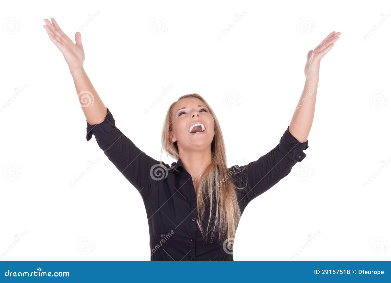 Joyful Woman Laughing with Raised Arms Stock Photo - Image of blonde ...