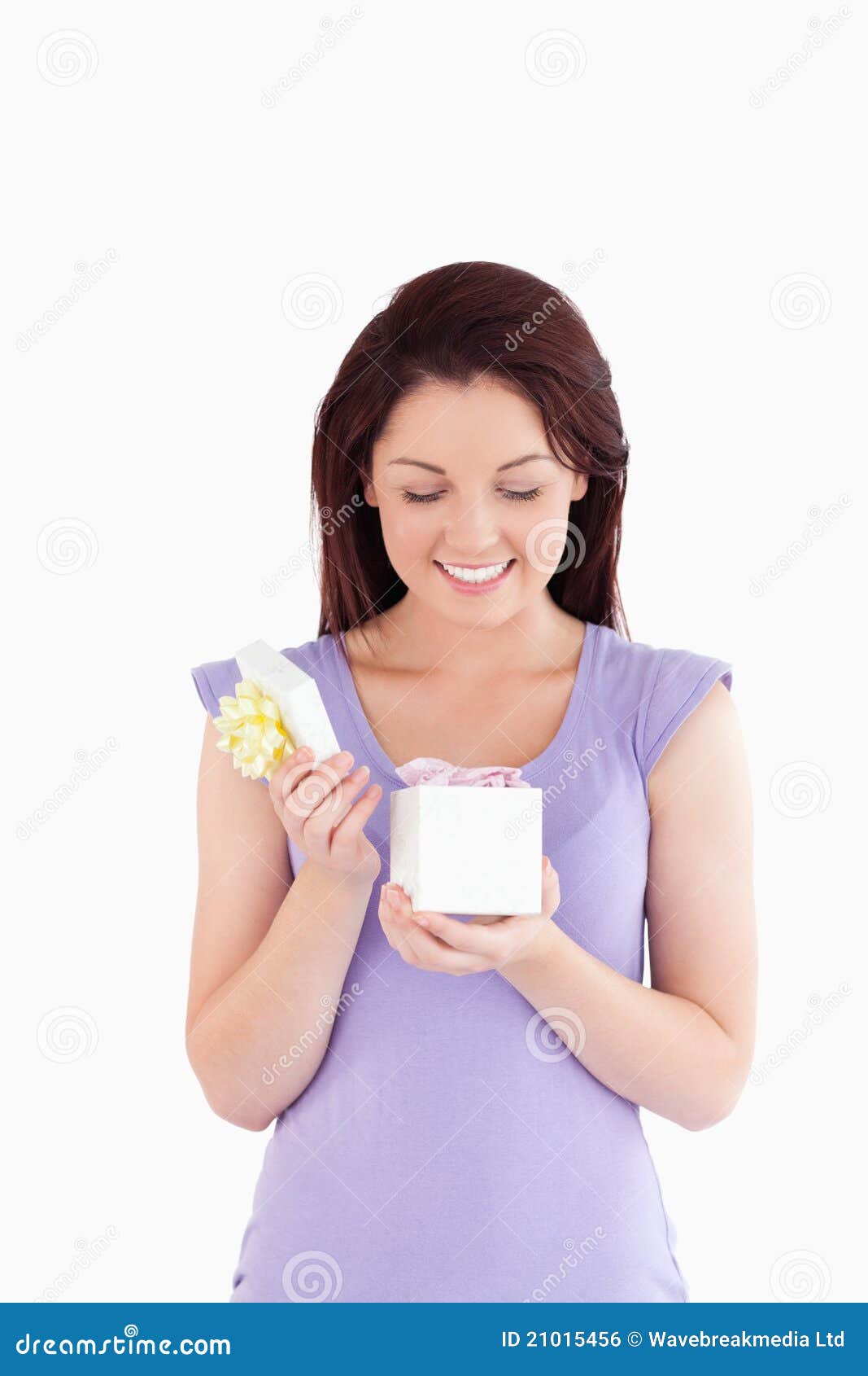 Joyful woman opening a box stock photo. Image of copyspace - 21015456