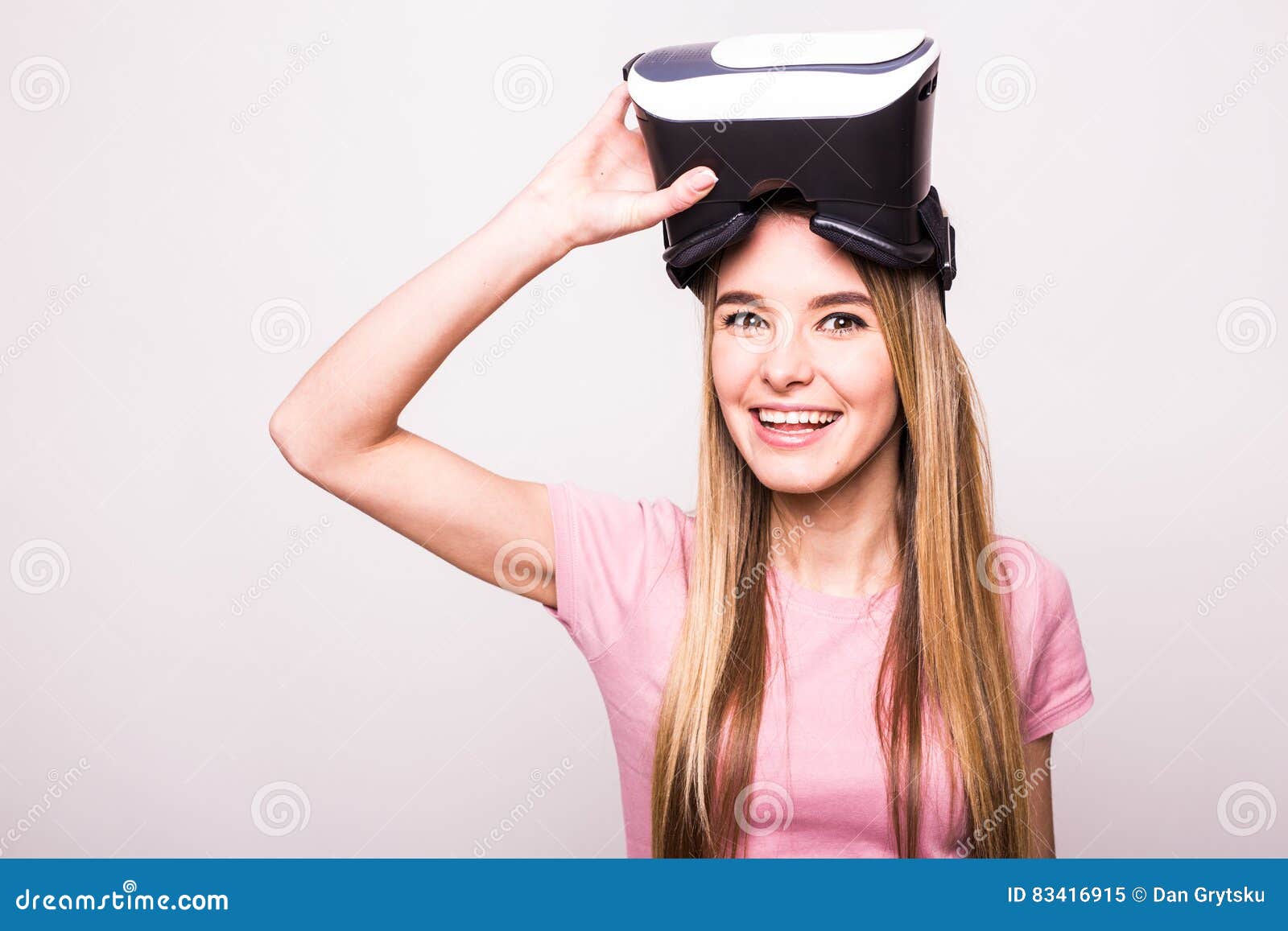 Joyful Young Girl Using a VR Headset and Smiling Stock Image - Image of ...