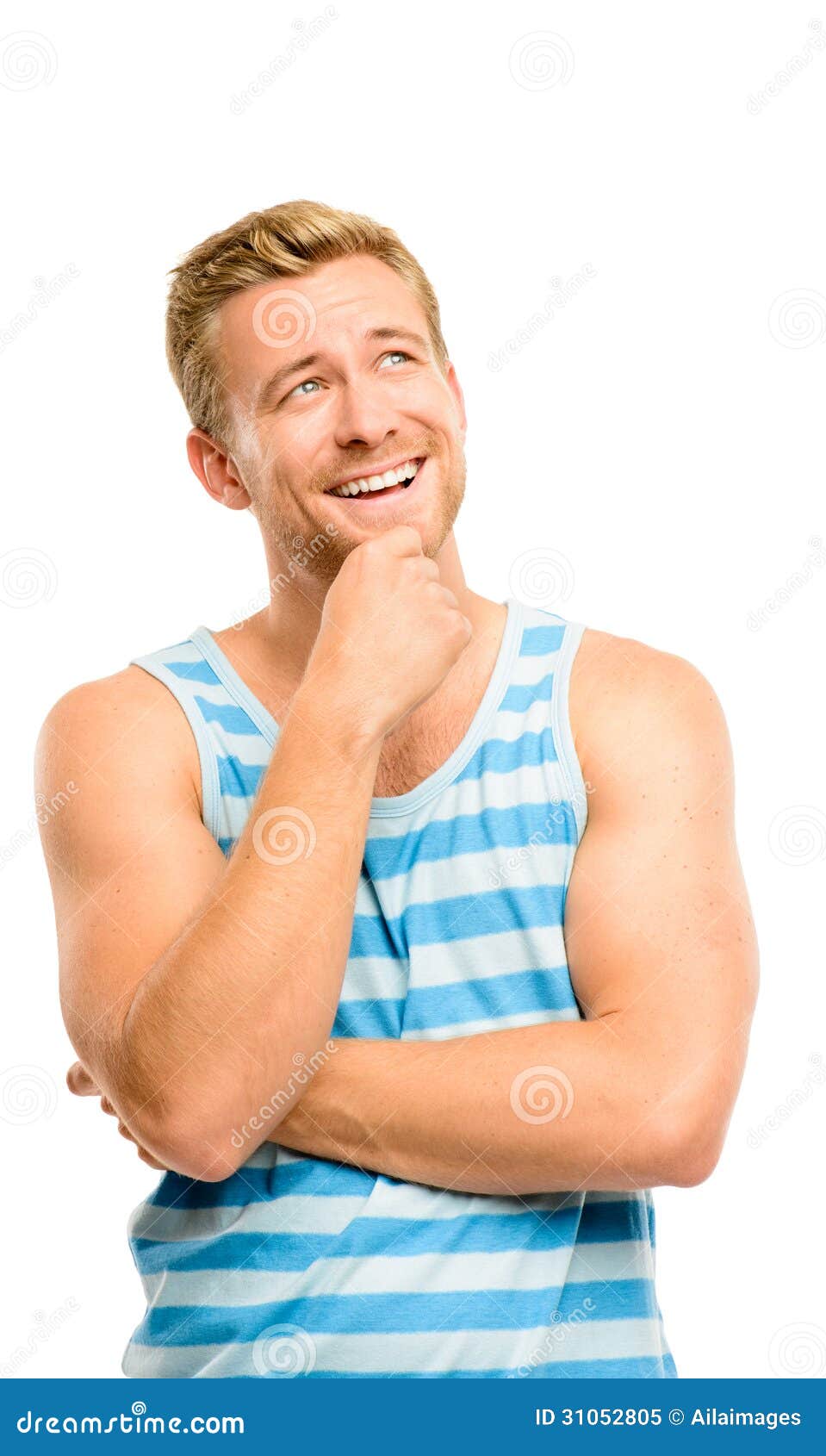 Joyful Young Man Looking Up Thinking Isolated on White Background Stock ...