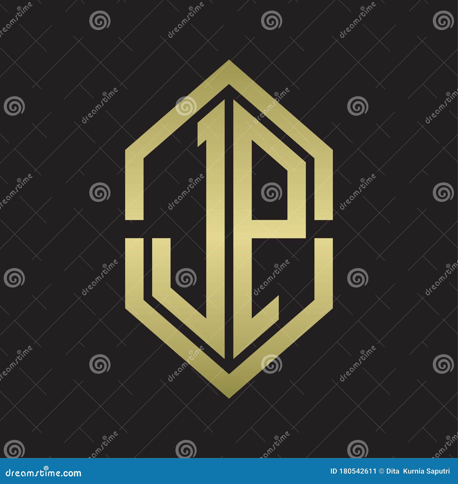 JP Logo Monogram with Hexagon Shape and Outline Slice Style with Gold ...