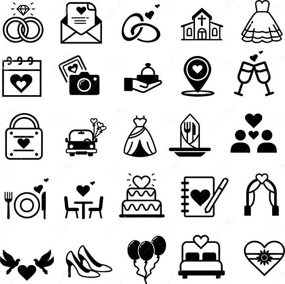 Wedding Icons Set, Newly Wed Couple Vector Illustration and Party ...